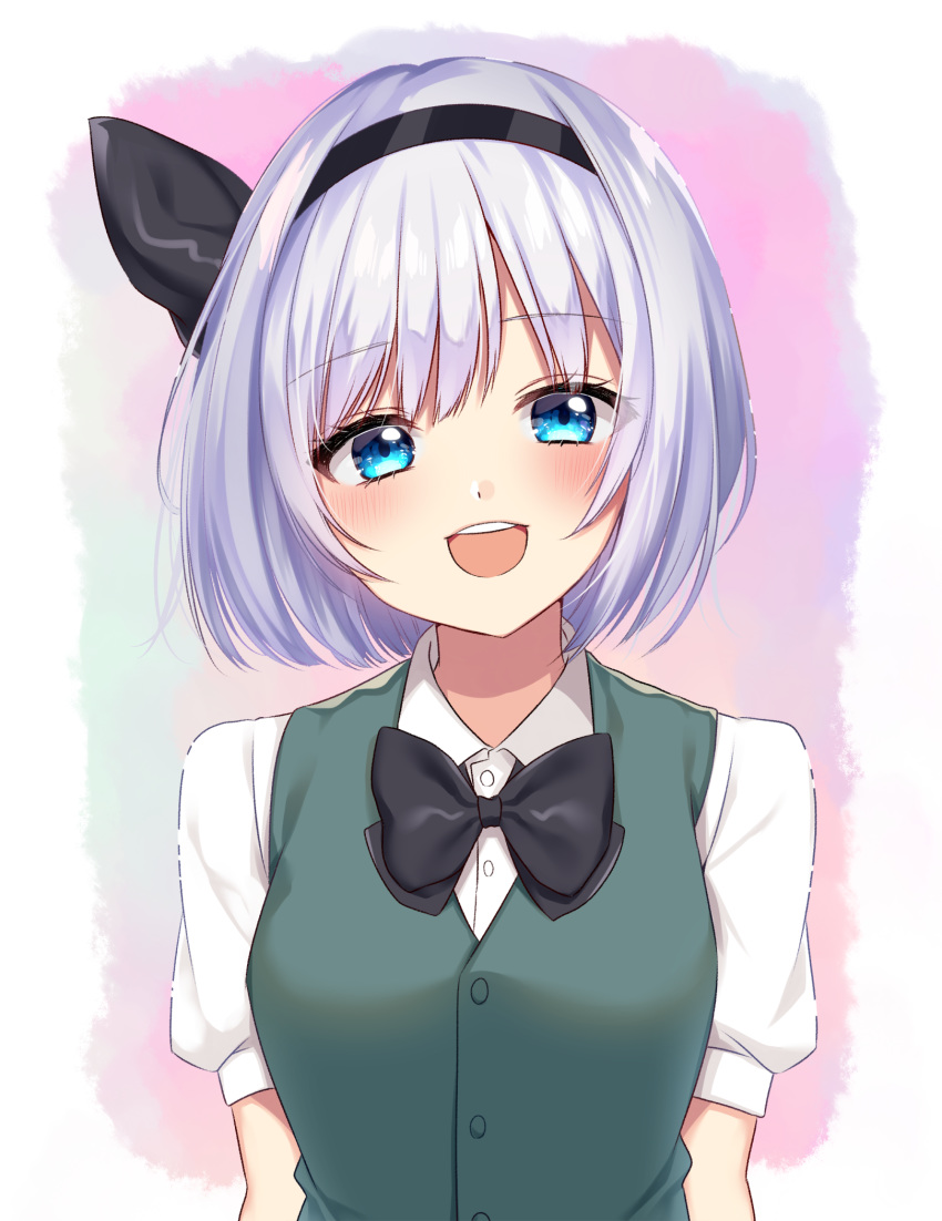Safebooru - 1girl :d bangs black bow black hairband black neckwear black ribbon blue eyes blush ...