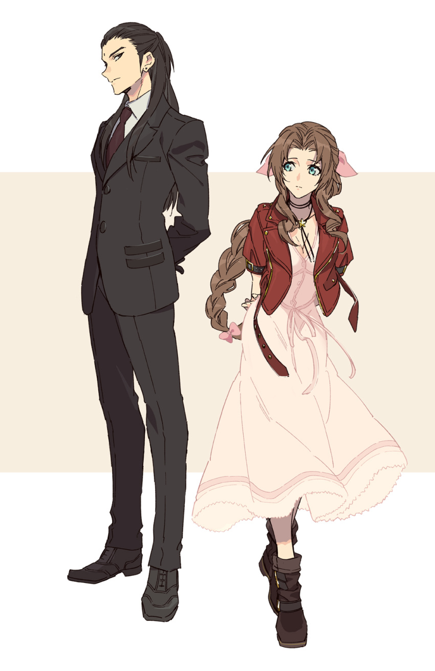 Safebooru - 1boy 1girl aerith gainsborough arms behind back black gloves black hair black jacket ...