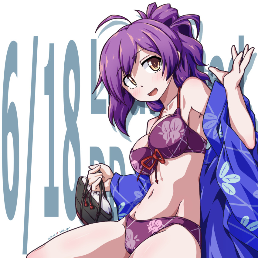 Safebooru - 1girl 547th sy ahoge alternate hairstyle background text bag bangs bikini blush ...
