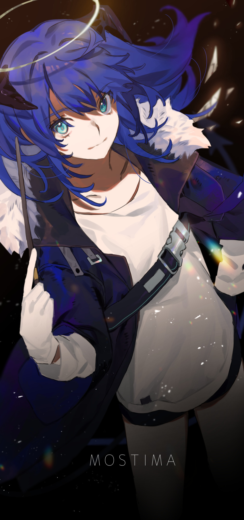 Safebooru - 1girl absurdres aqua eyes arknights bare legs black background black shorts blue ...