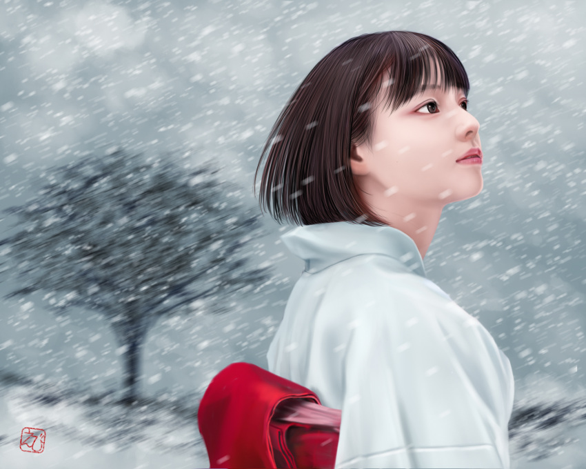 Safebooru - 1girl asian blurry blurry background bob cut brown eyes ...