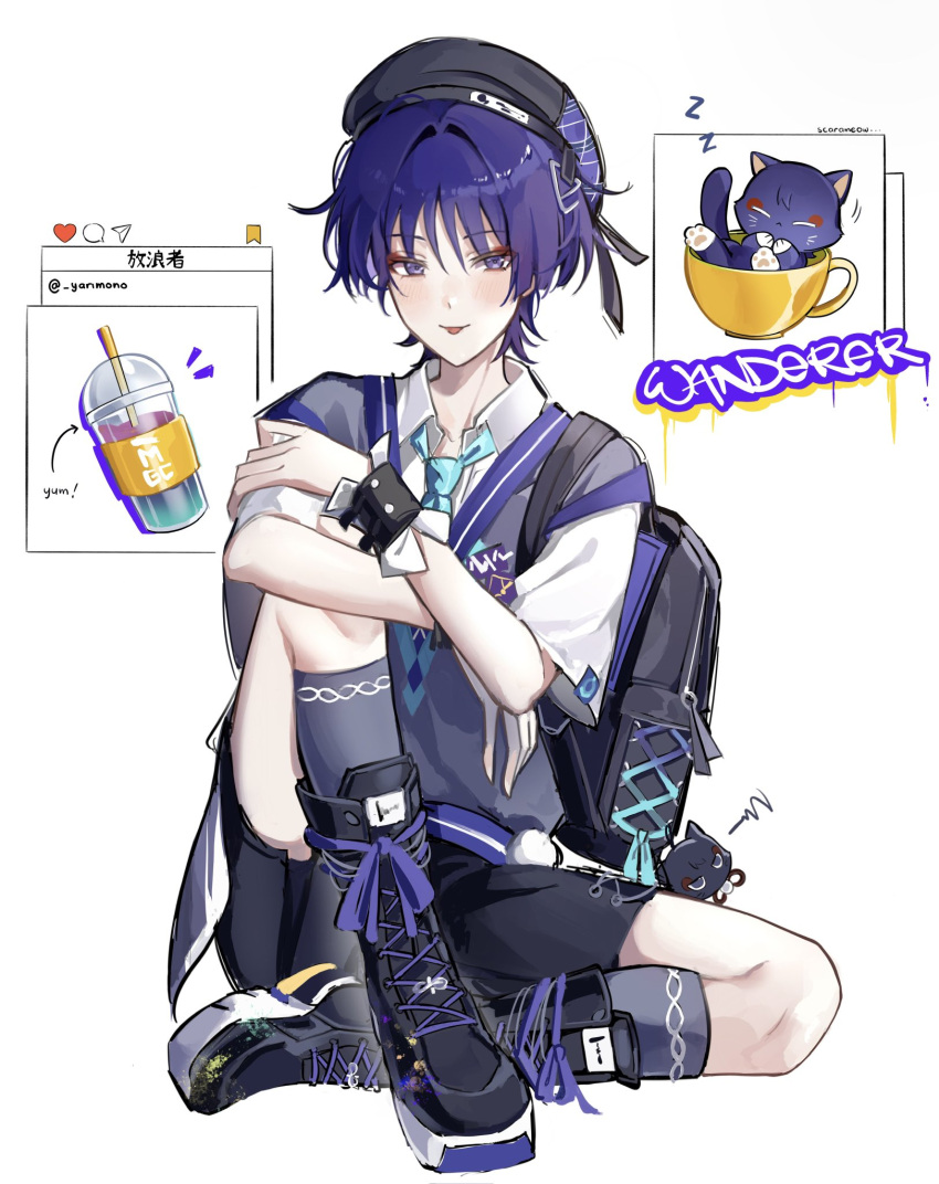 Safebooru - 1boy alternate costume animalization aqua necktie aqua trim arm on knee backpack bag ...