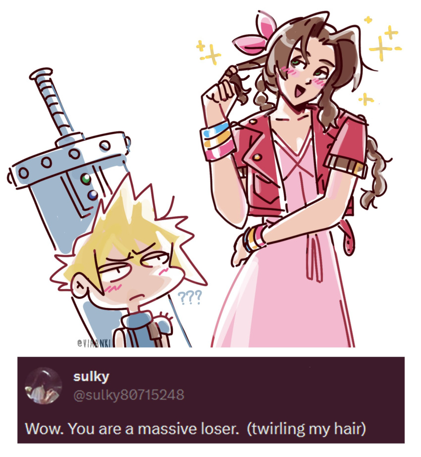 Safebooru - 1boy 1girl ? ?? aerith gainsborough armor bangle blonde ...