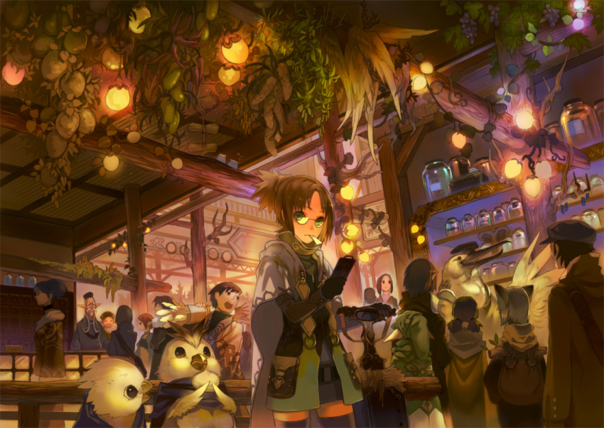 Safebooru - bird brown hair crowd fantasy glasses green eyes indoors ...