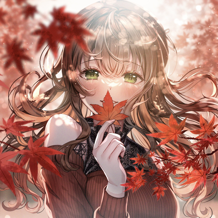 Safebooru - 1girl autumn leaves bare shoulders black pantyhose black shirt blurry blurry ...