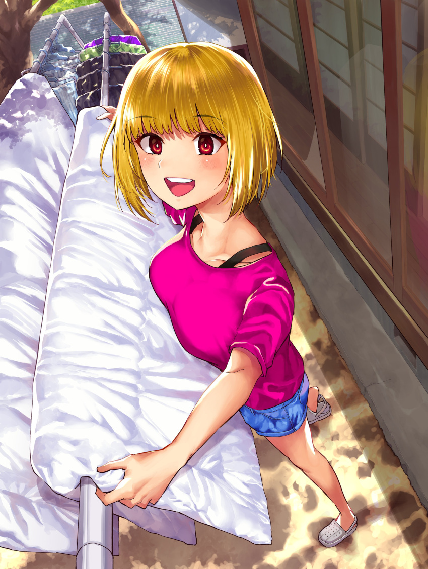 Safebooru - 1girl absurdres blonde hair blue shorts bra strap breasts commentary request futon ...
