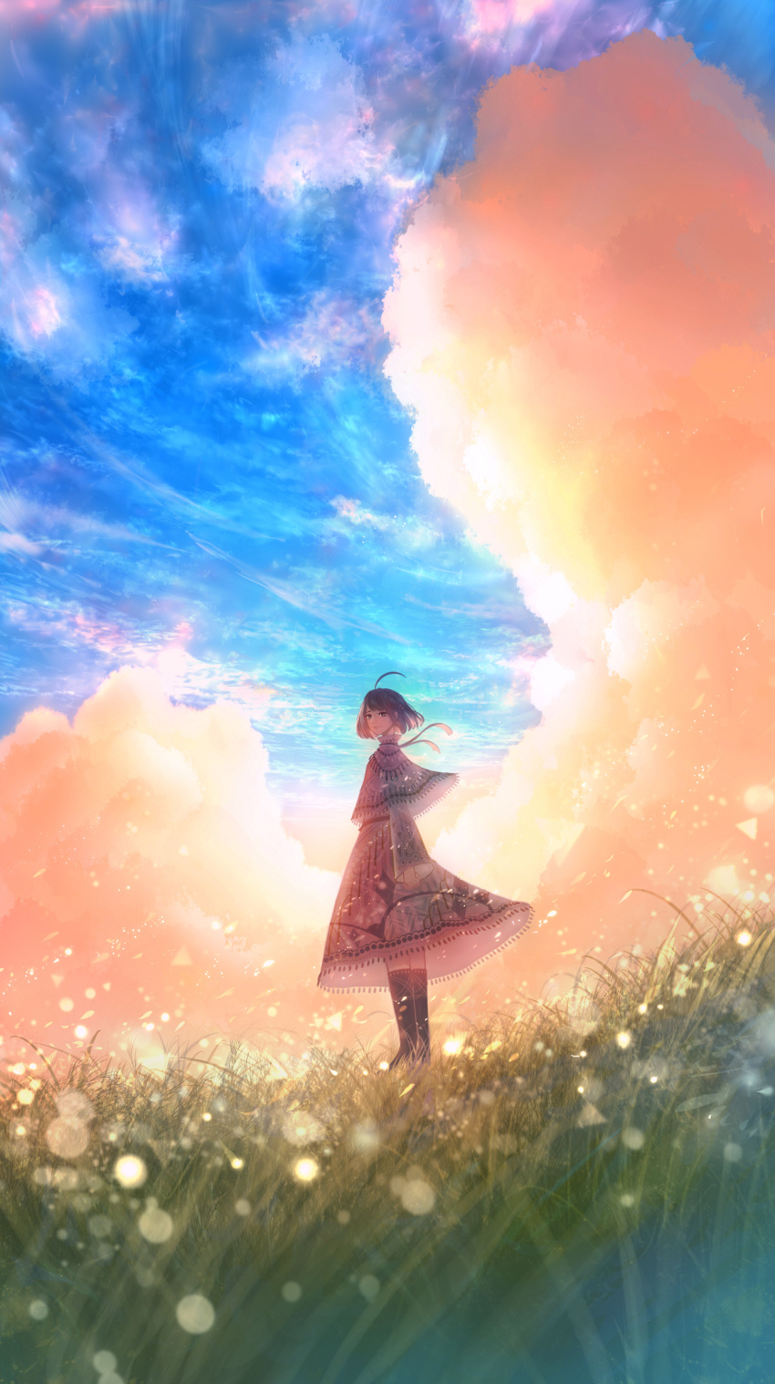 Safebooru - 1girl ahoge blue sky brown eyes brown hair clouds commentary request dress from ...