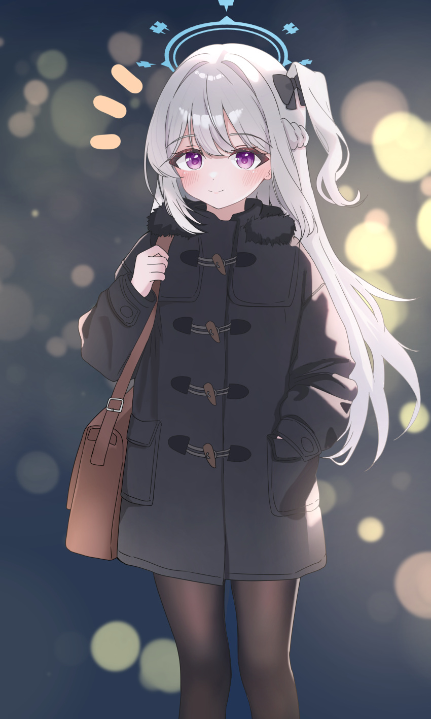 Safebooru - 1girl absurdres bag black bow black coat blue archive blue halo bow brown bag brown ...