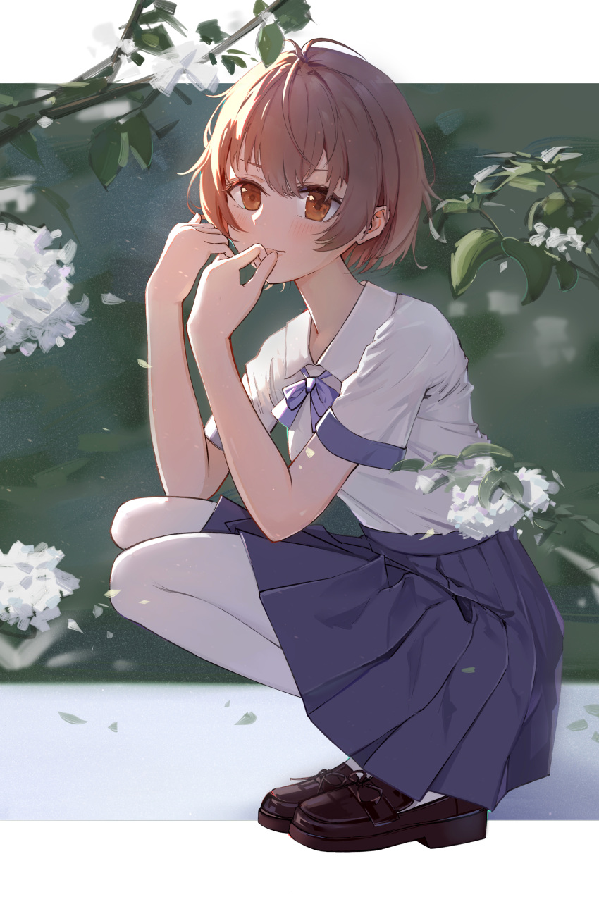 Safebooru - 1girl absurdres blue skirt brown hair commentary dated commentary hands on own face ...