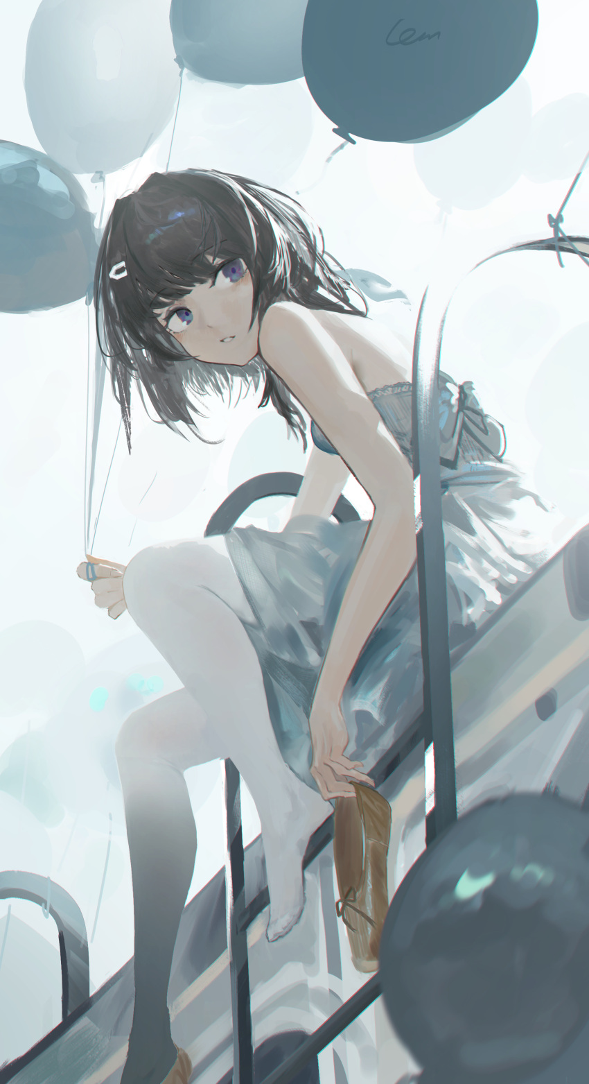 Safebooru - 1girl absurdres arknights balloon black hair blue dress blue eyes brown footwear ...