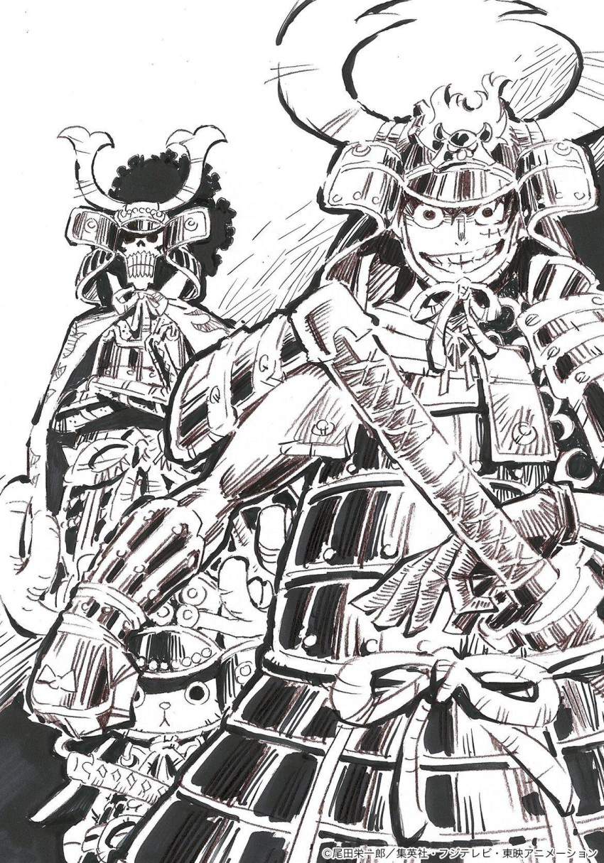 Safebooru - 3boys antlers armor brook (one piece) greyscale helmet ...