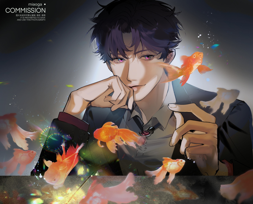 Safebooru - 1boy absurdres black jacket collared shirt commission fingernails fish goldfish head ...
