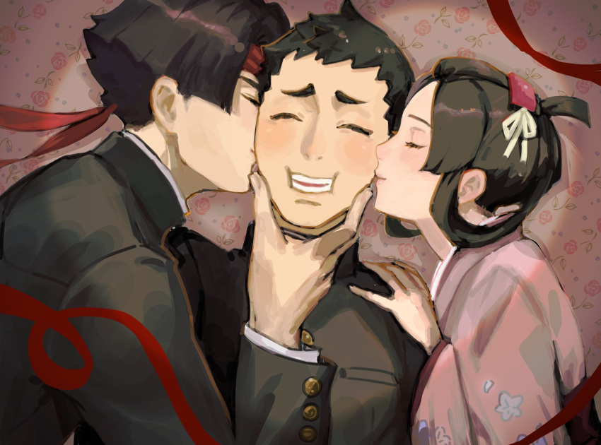 Safebooru - 0shlkatsu 1girl 2boys ace attorney bisexual male black hair black jacket blush brown ...