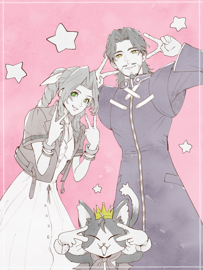 Safebooru - 1boy 1girl aerith gainsborough bangle black fur bracelet braid braided ponytail ...