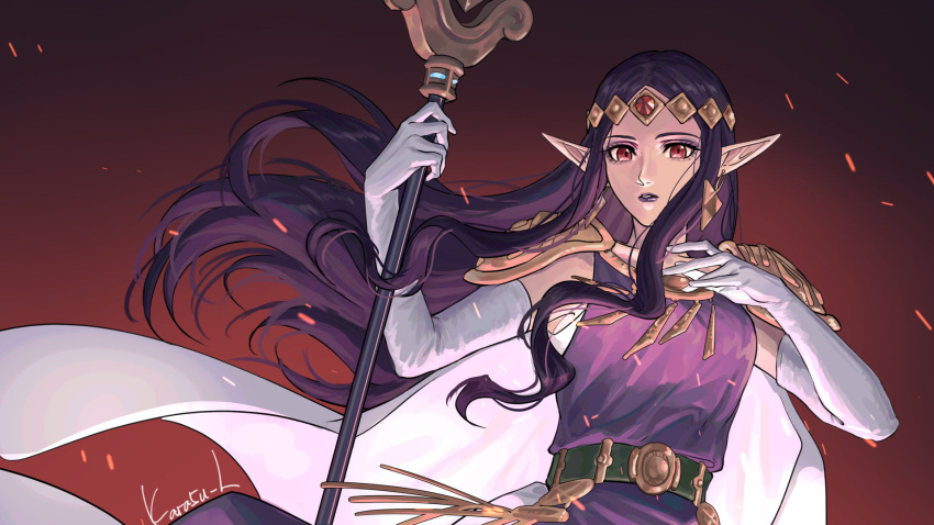 Safebooru - 1girl armor artist name breasts cape circlet dress earrings elbow gloves gem gloves ...