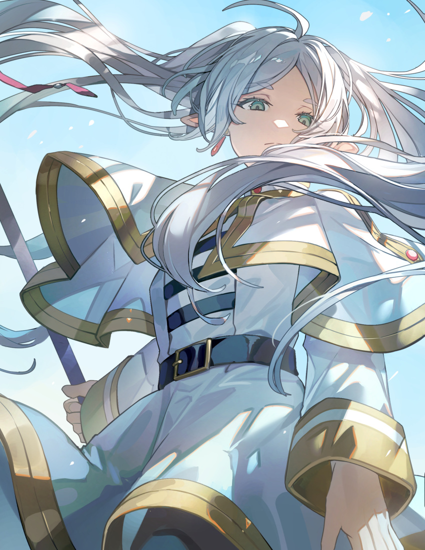 Safebooru - 1girl ahoge belt belt buckle black belt blue sky buckle capelet closed mouth cowboy ...