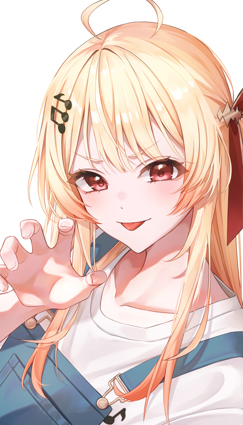 Safebooru - 1girl ahoge alternate costume blonde hair blue overalls hair ornament hair ribbon ...