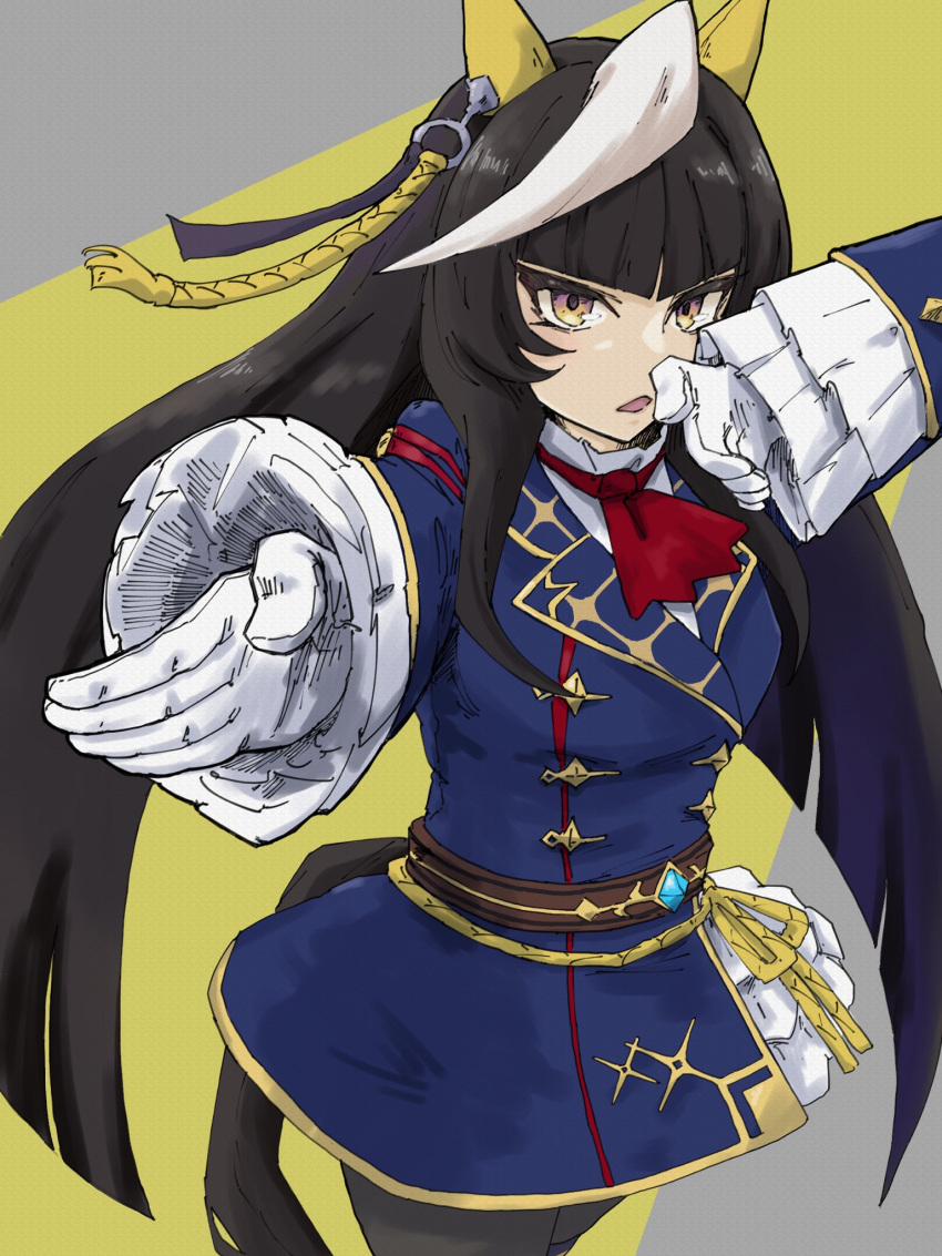Safebooru - 1girl ahoge animal ears belt black hair blunt bangs breasts ...