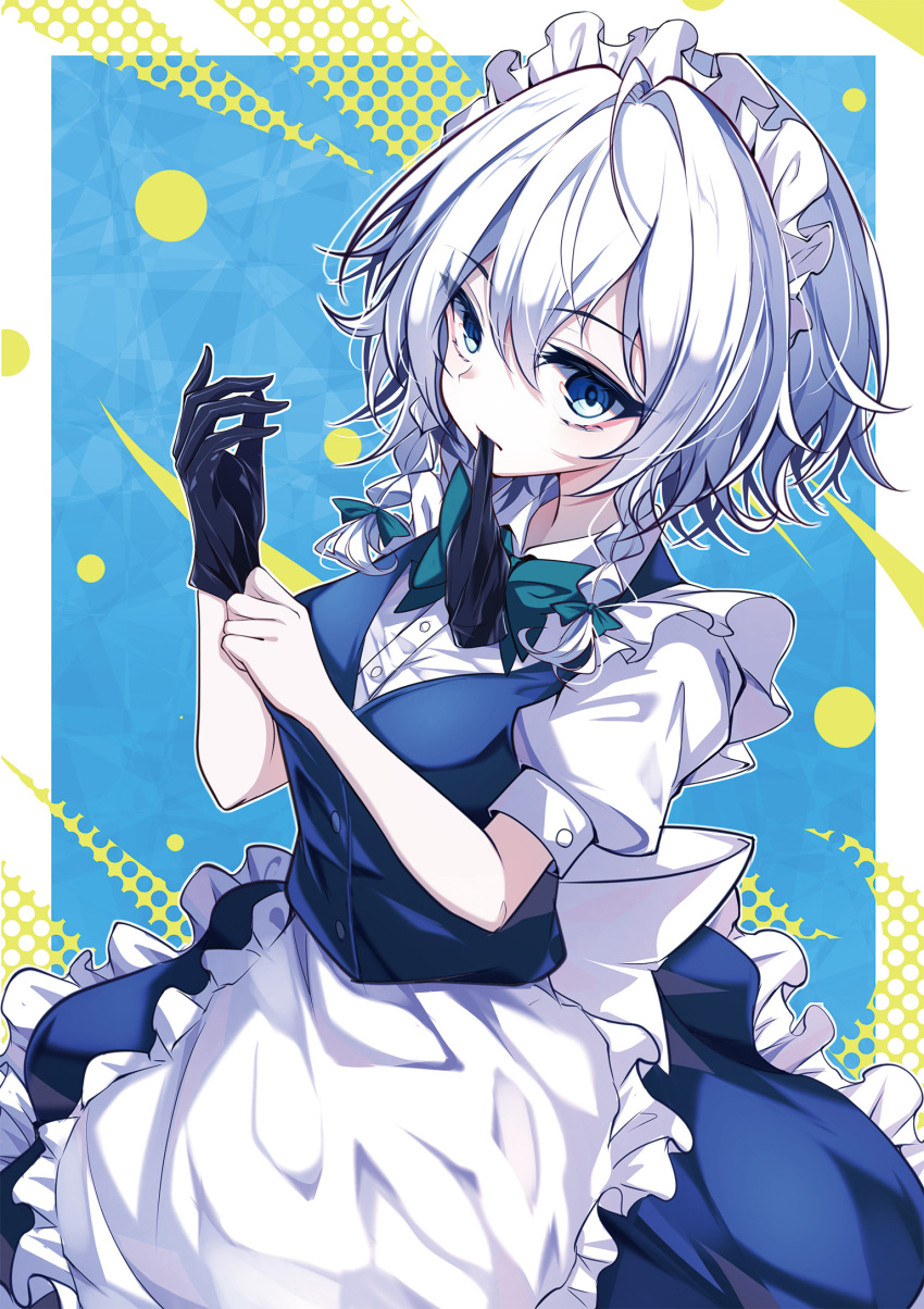 Safebooru - 1girl adjusting clothes adjusting gloves apron back bow blue eyes bow bowtie braid ...