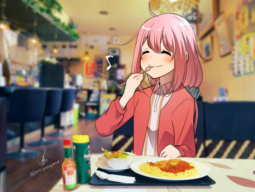 Safebooru - 1girl absurdres blue scrunchie blurry blurry background blush booth seating cardigan ...