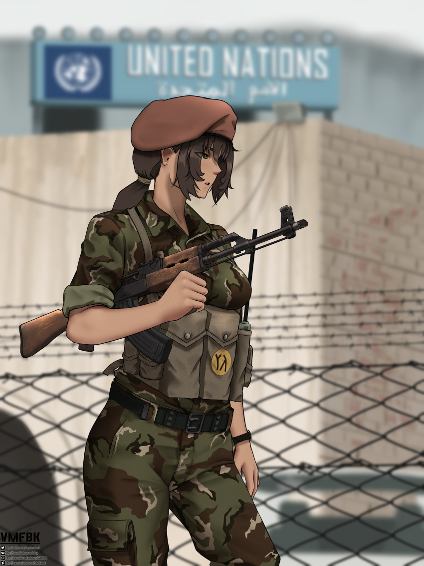 Safebooru - 1girl absurdres akm ammunition pouch artist name assault rifle barbed wire belt ...