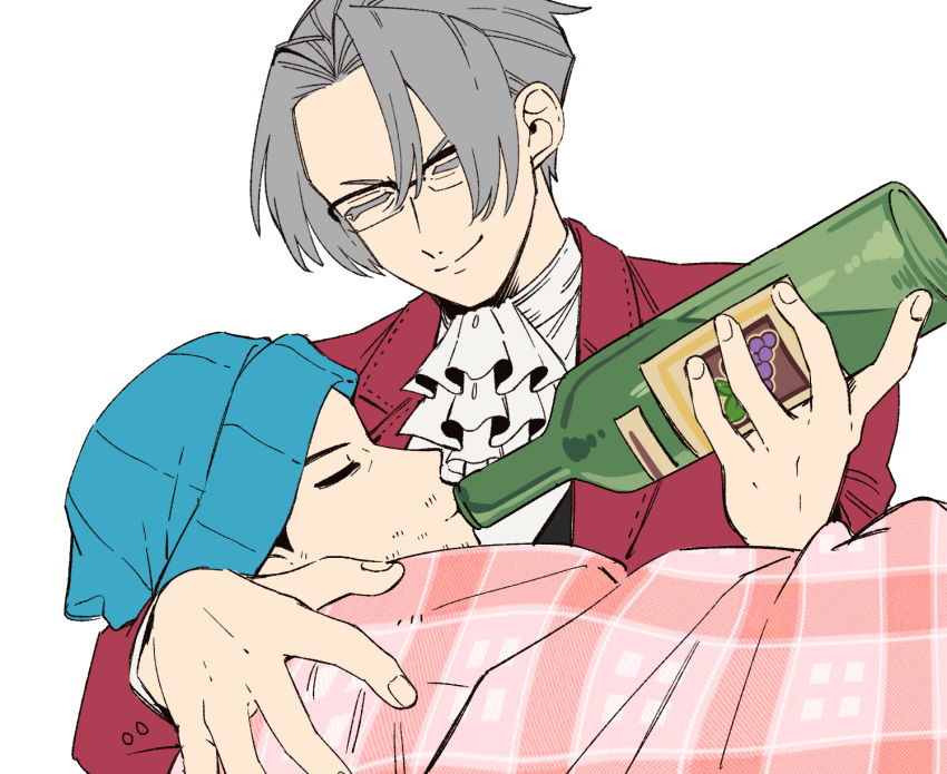 Safebooru - 2boys ace attorney ascot beanie beard stubble black-framed eyewear blue hat bottle ...