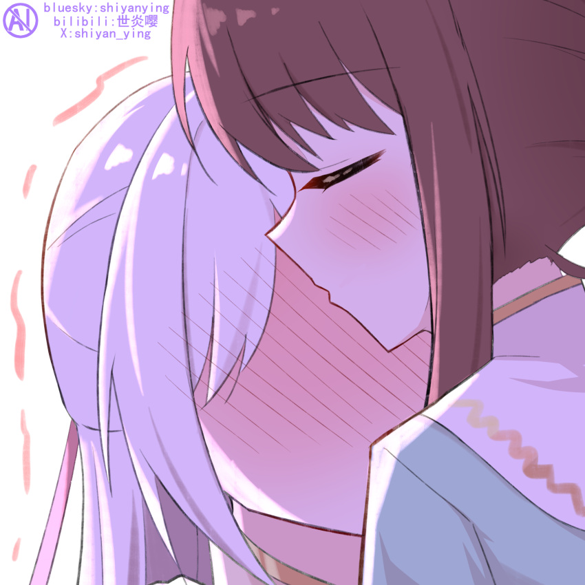 Safebooru - 2girls artist name blue shirt blush brown hair chinese commentary closed eyes ...