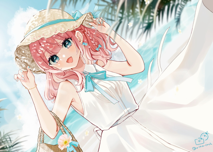 Safebooru - 1girl adjusting clothes adjusting headwear basket beach blue eyes bow braid collared ...