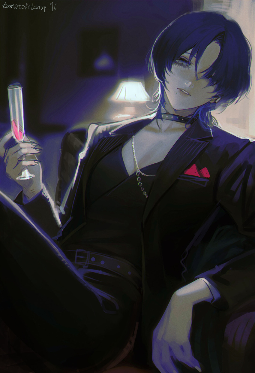 Safebooru - 1girl belt black belt black choker black jacket black pants black shirt blue eyes ...