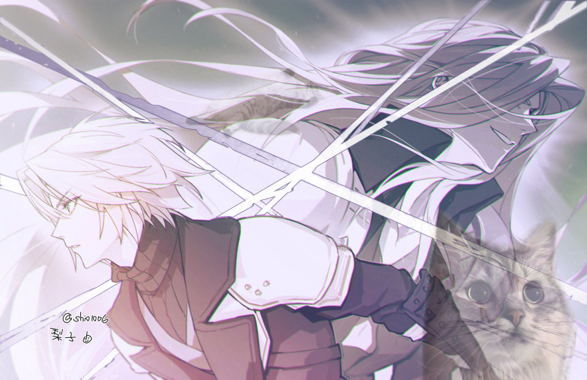 Safebooru - 2boys age comparison aged down armor black coat black jacket cat chest strap coat ...