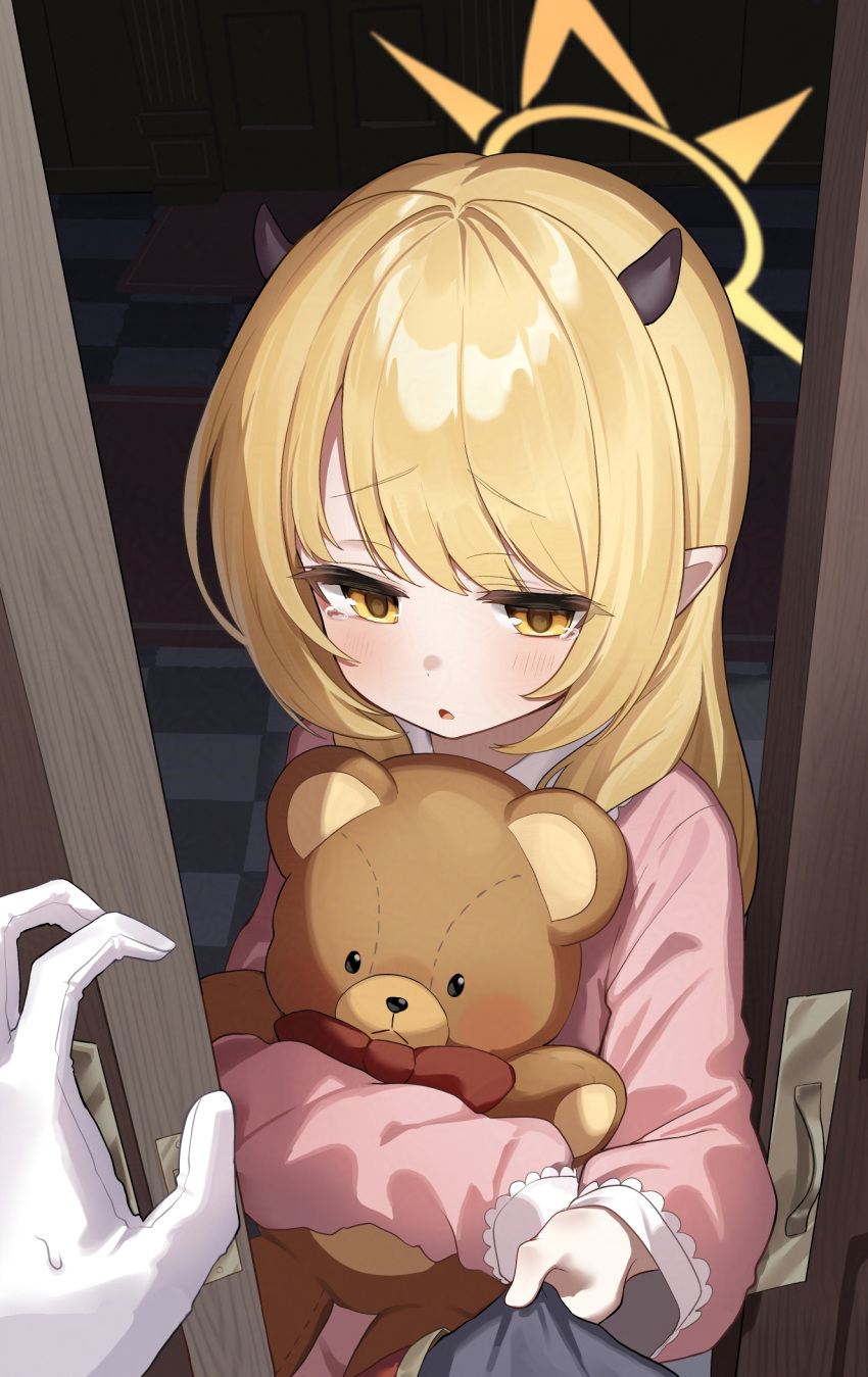 Safebooru - 1girl blonde hair blue archive clothes pull demon girl demon horns door gloves halo ...