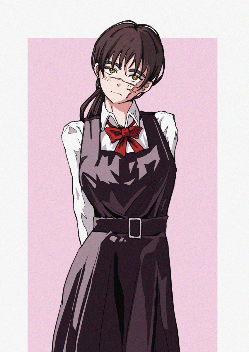 Safebooru - 1girl absurdres arms behind back belt black dress black hair blush border bow bowtie ...