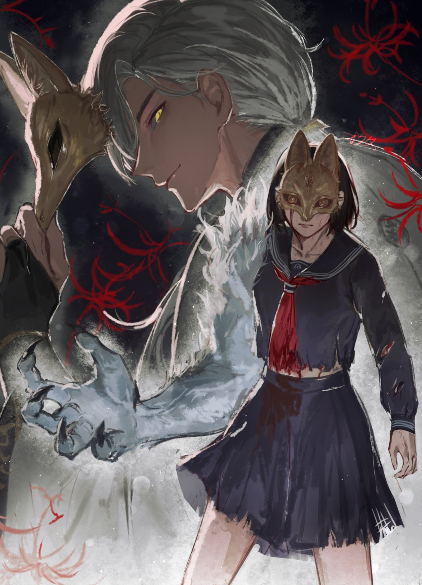 Safebooru - 1boy 1girl black serafuku blood blood from eyes claws ...