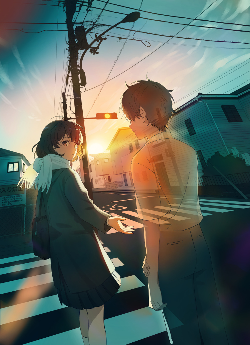 Safebooru - 1boy 1girl absurdres bag black hair black pants black skirt brown eyes building ...