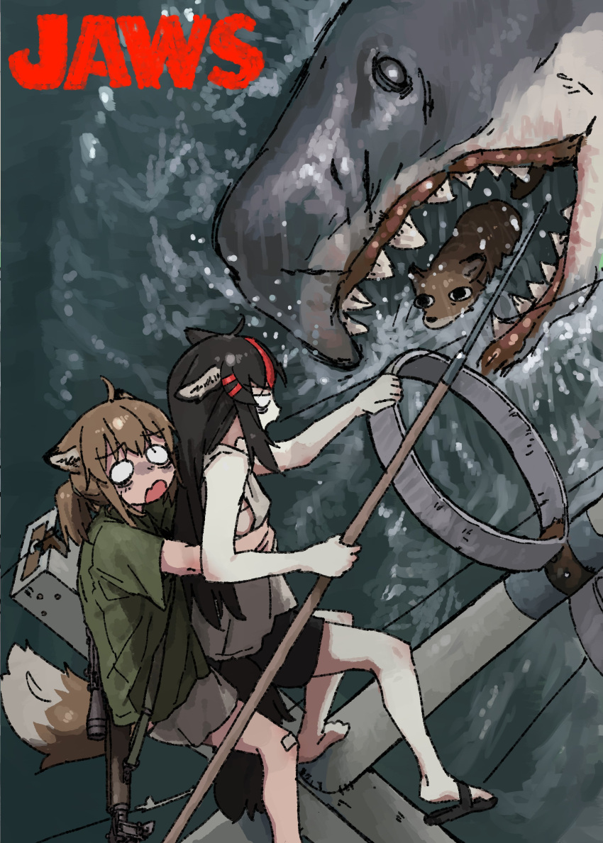 Safebooru - 2girls absurdres animal animal ears arms around waist black hair black shorts ...