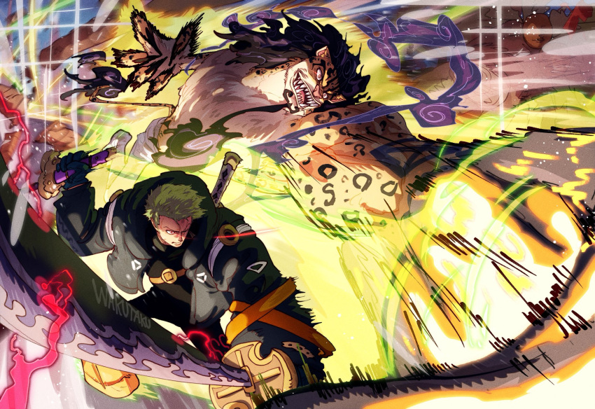 Safebooru - 2boys black hair black shirt body fur dual wielding green ...