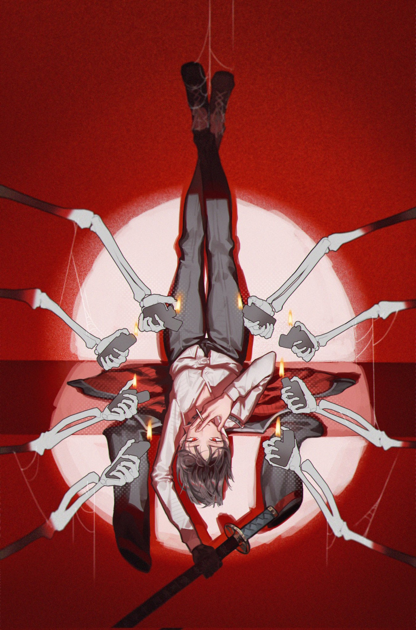 Safebooru - 1girl ahemsehszlfmf arm up black gloves black hair black ...