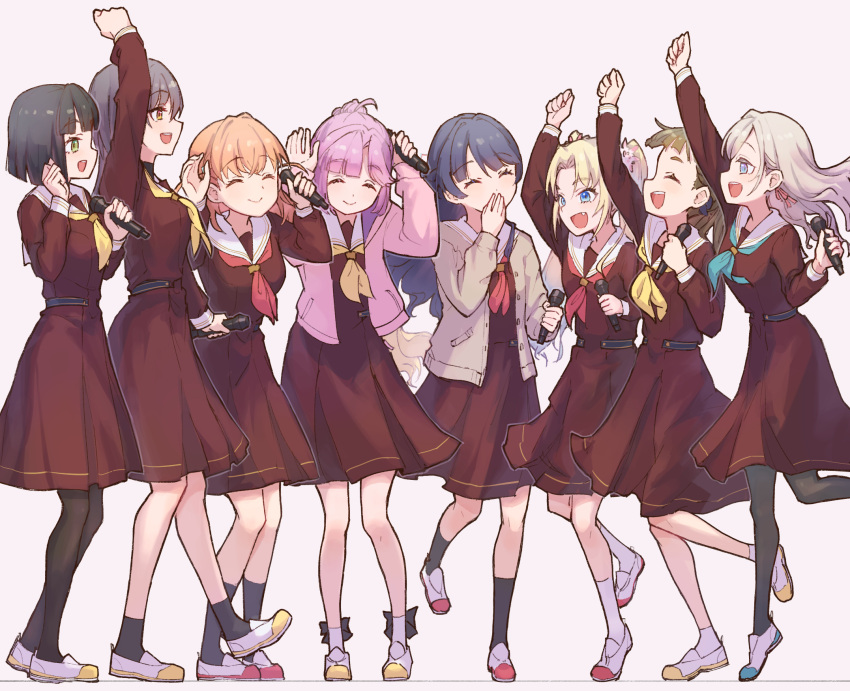 Safebooru - 6+girls :d ^ ^ anyoji hime aqua shoes arm up black bow black hair black pantyhose ...