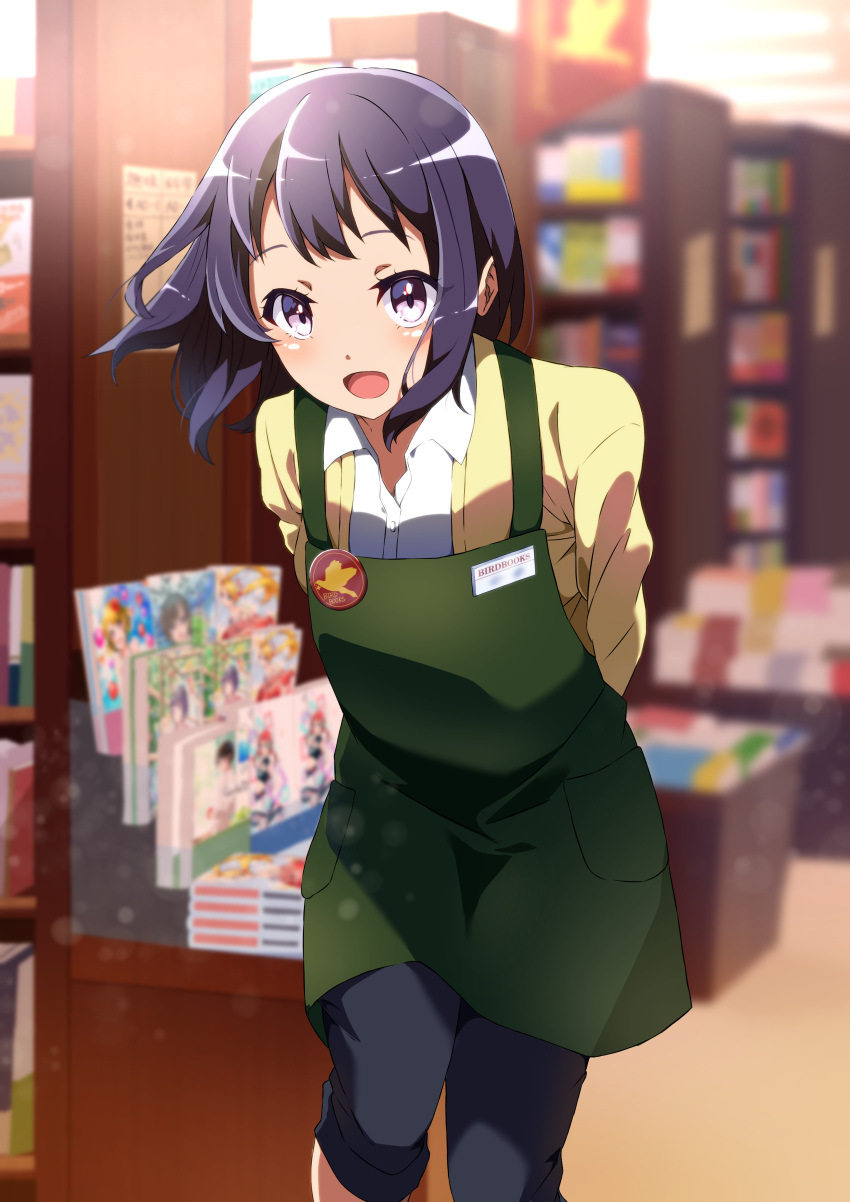 Safebooru - 1girl :d absurdres apron badge bangs black hair blush ...
