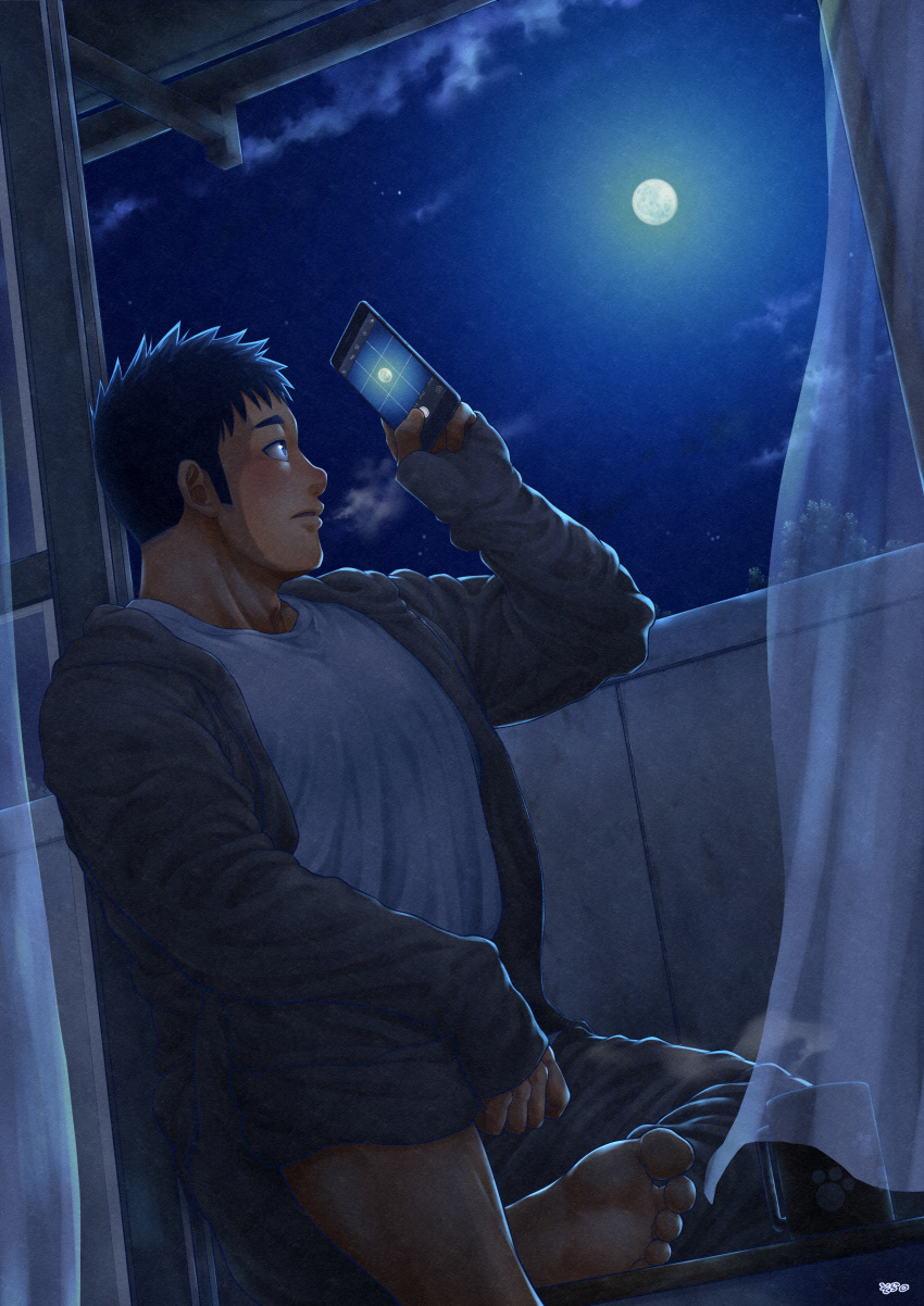 Safebooru - 04sora40 1boy absurdres barefoot black hair cellphone cup ...