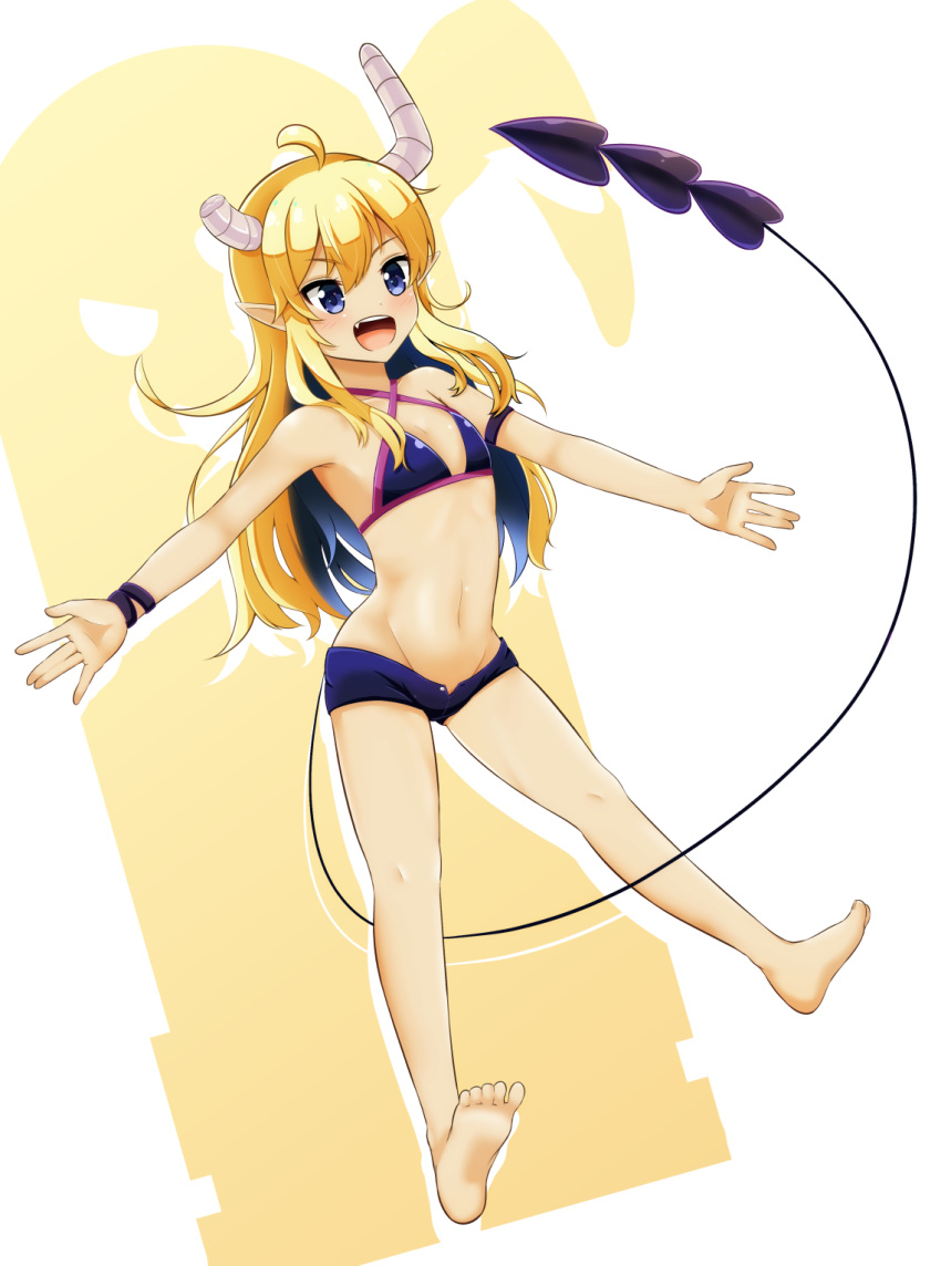 Safebooru - 1girl ahoge bikini bikini day broken horn demon girl demon horns demon tail eyebrows ...