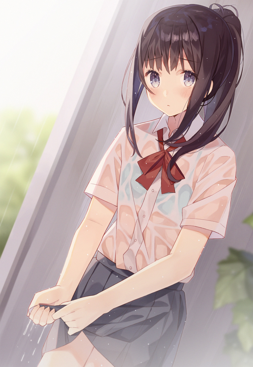 Safebooru - 1girl absurdres bangs black hair black skirt blue bra blurry blurry background blush ...