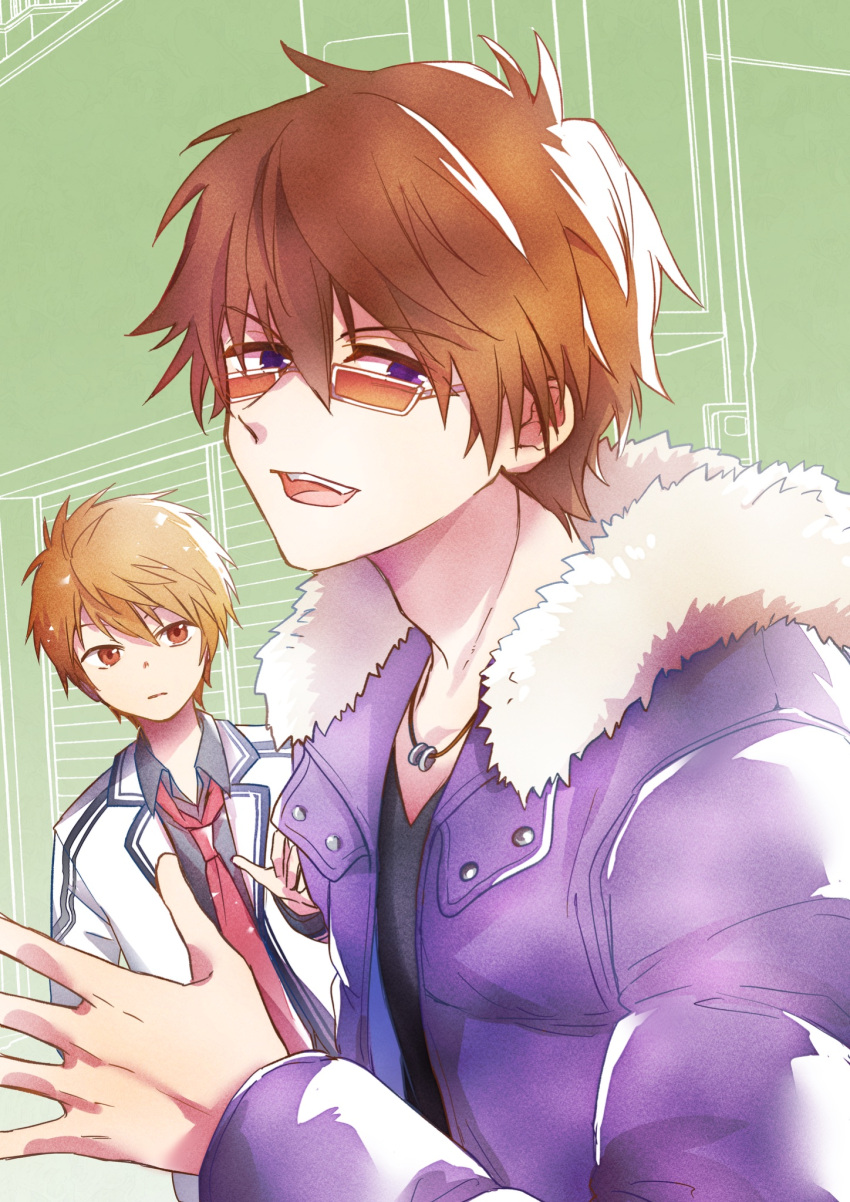 Safebooru - 2boys :d black shirt blue eyes brown hair chogi closed ...