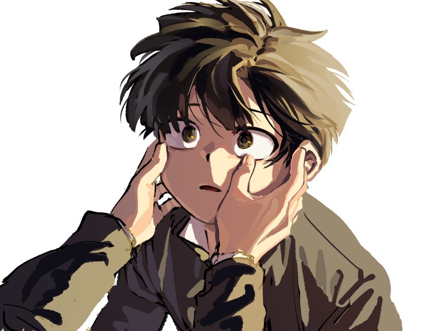 Safebooru - black eyes bowl cut commentary hands on another's face ...