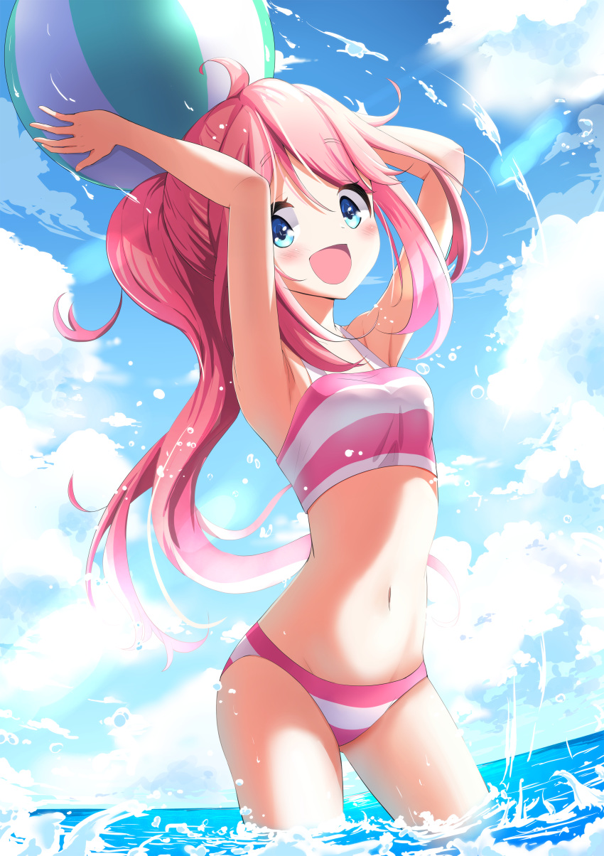 Safebooru - 1girl :d absurdres ahoge ball beachball bikini blue eyes commentary day highres ...