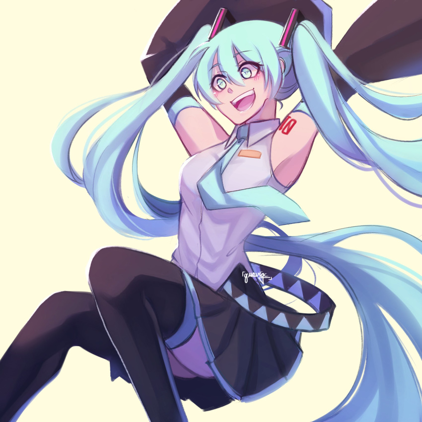 Safebooru - 1girl aqua eyes aqua hair aqua neckwear armpits arms up bangs black legwear black ...