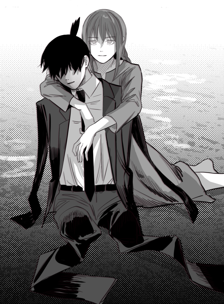 Safebooru - 1boy 1girl amputee barefoot black dress black hair black neckwear black pants ...