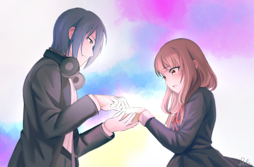 Safebooru - 1boy 1girl bangs black dress black jacket blue background ...