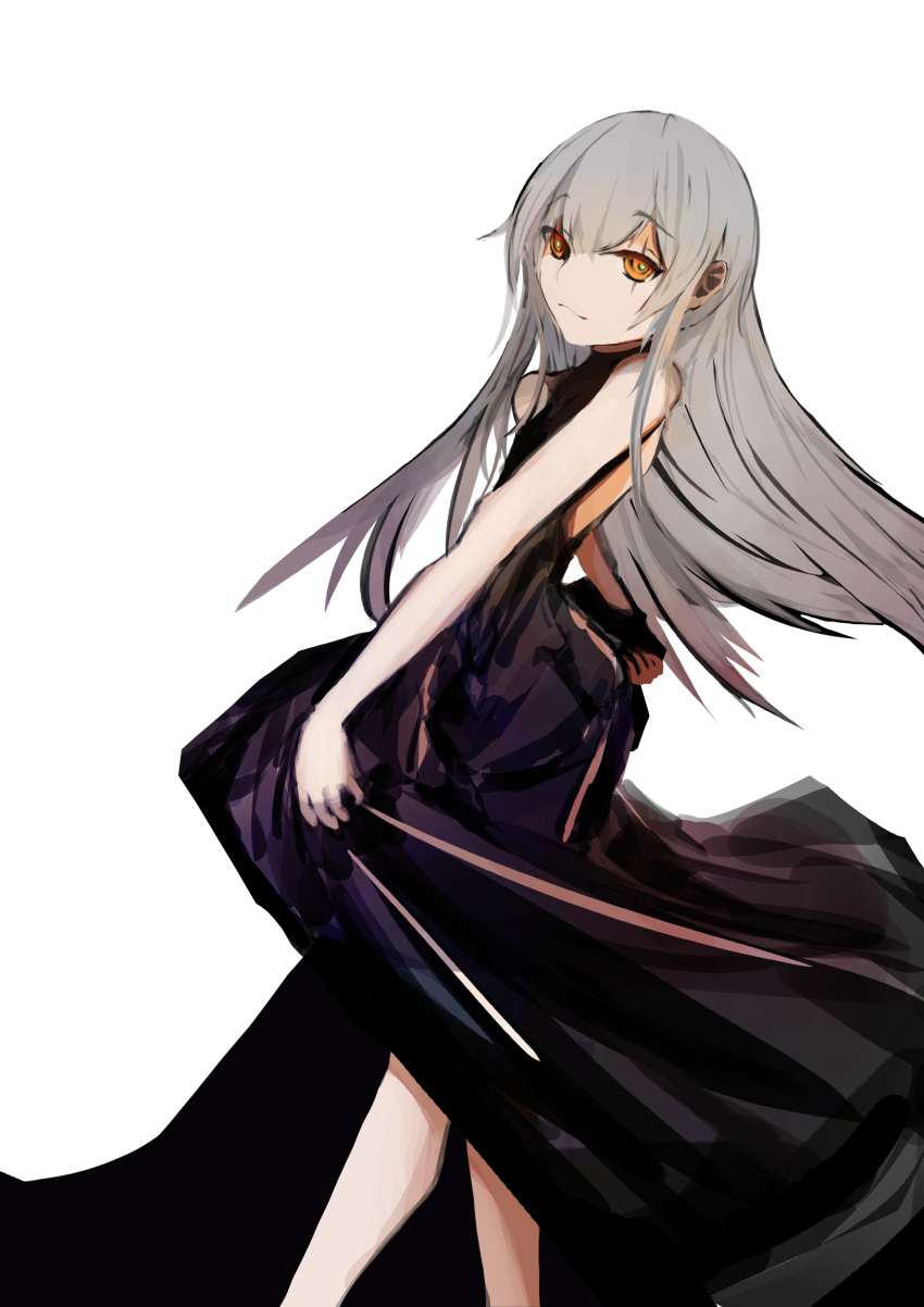 Safebooru - 1girl absurdres bare legs black dress brown eyes dress dress lift eyebrows visible ...
