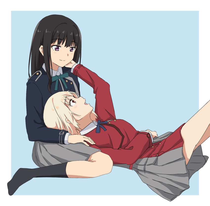 Safebooru - 2girls :d anger vein bangs belt black belt black hair blonde hair blue dress blue ...